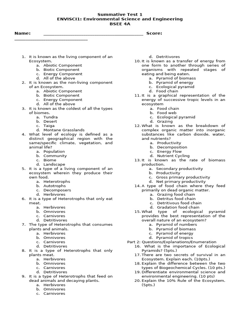 Summative Test 1 - EE4A - EnviSci | PDF | Ecosystem | Ecology