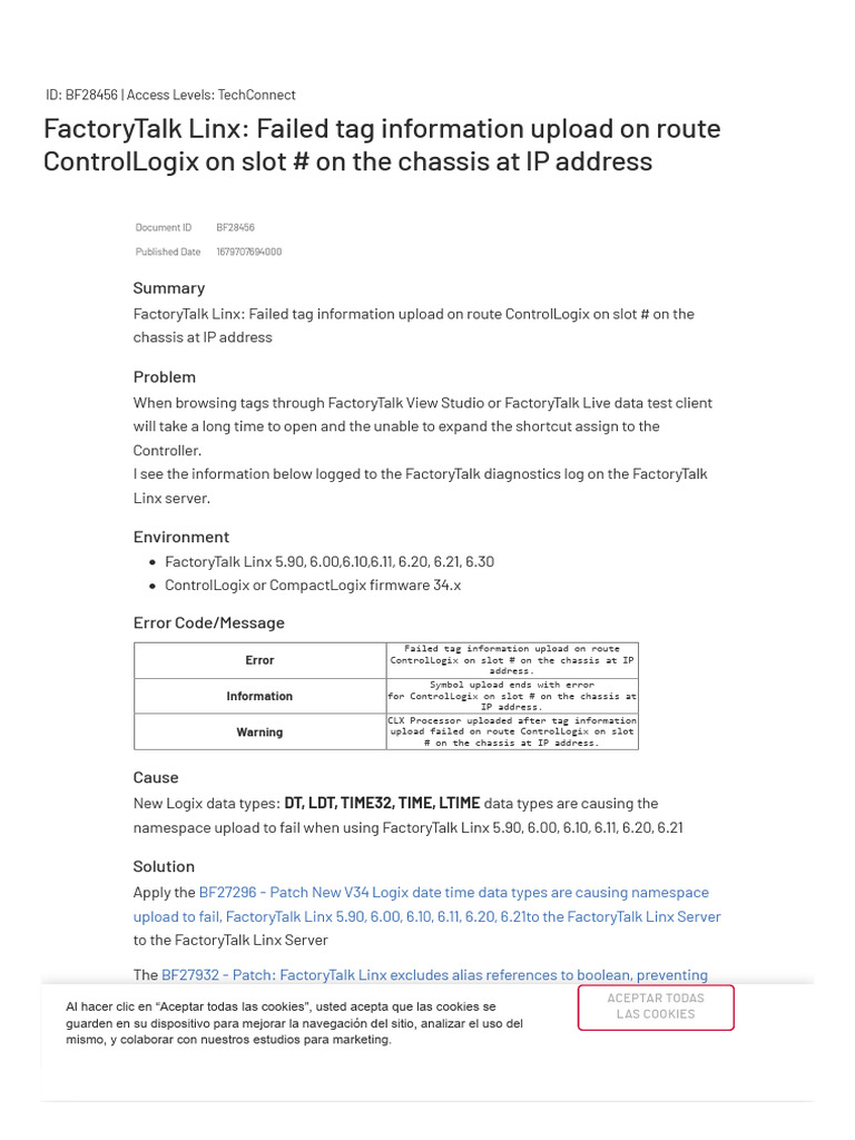 FactoryTalk Linx - Failed Tag Information Upload On Route ControlLogix On Slot # On The Chassis ...