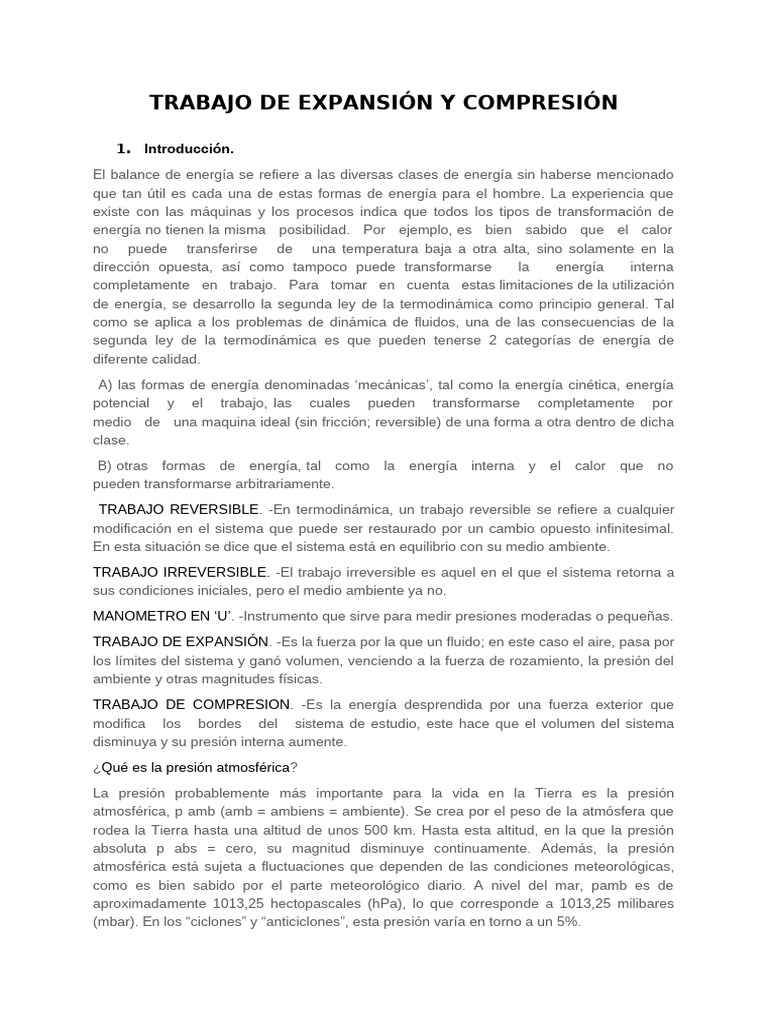 Trabajo de Expansión y Compresión | PDF | Termodinámica | Presión