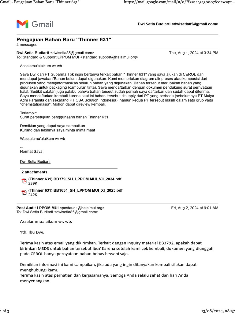 Pengajuan Thinner 631 untuk Sertifikasi | PDF