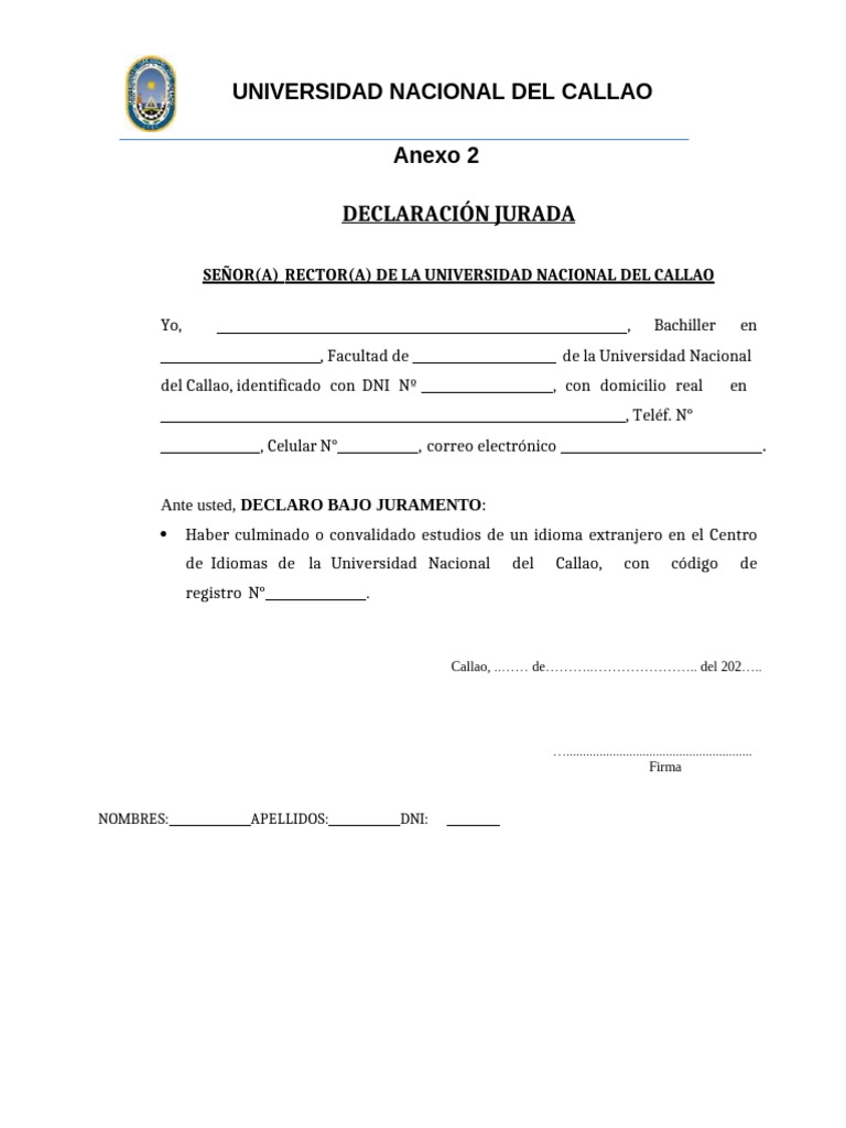 Anexo 2 - Declaración Jurada Idioma Extranjero | PDF