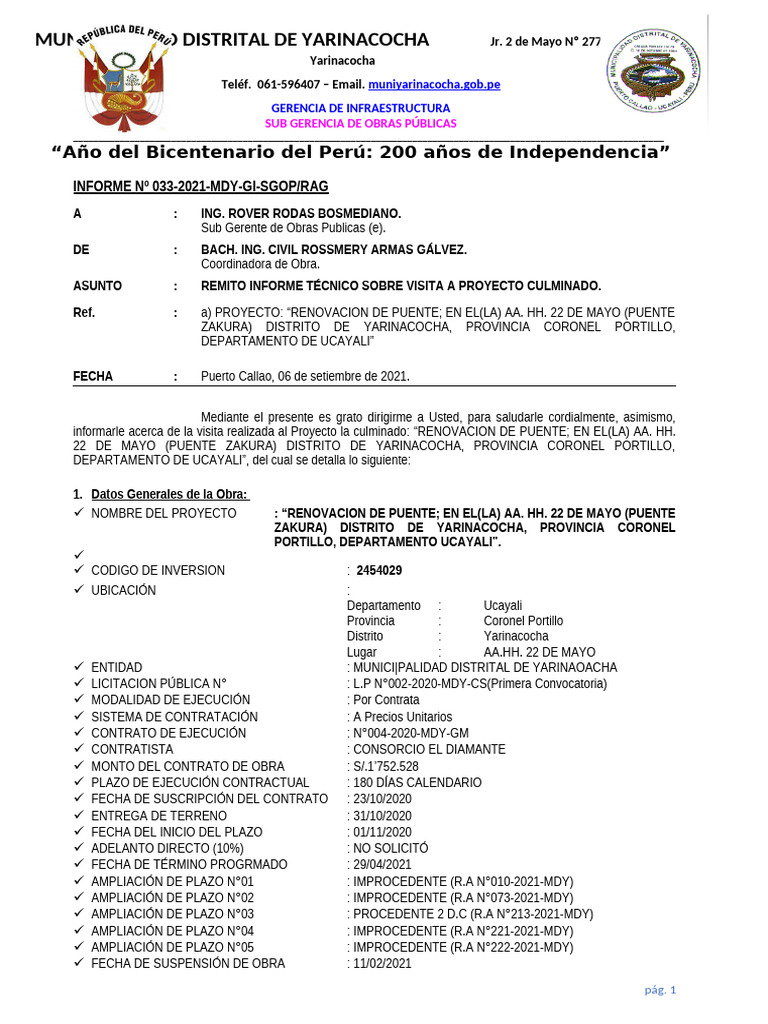 Informe N°033-2021-MDY-GI-SGOP Visita Tecnica Puente Sakura | PDF | Suelo | Ciencia del suelo