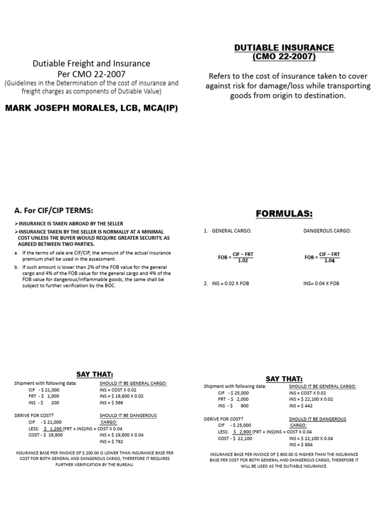 TOPIC 3. Dutiable Freight and Insurance CMO 22 2007 | PDF | Supply ...