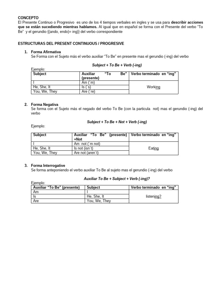 PRESENTE CONTINUO O PROGRESIVO | PDF | Verbo | Asunto (gramática)