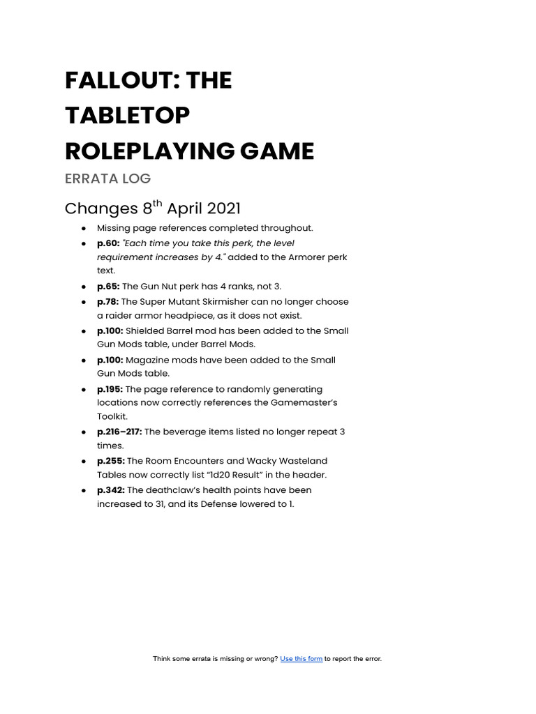 Fallout RPG Errata Log V3 2025 | PDF | Gun | Metals