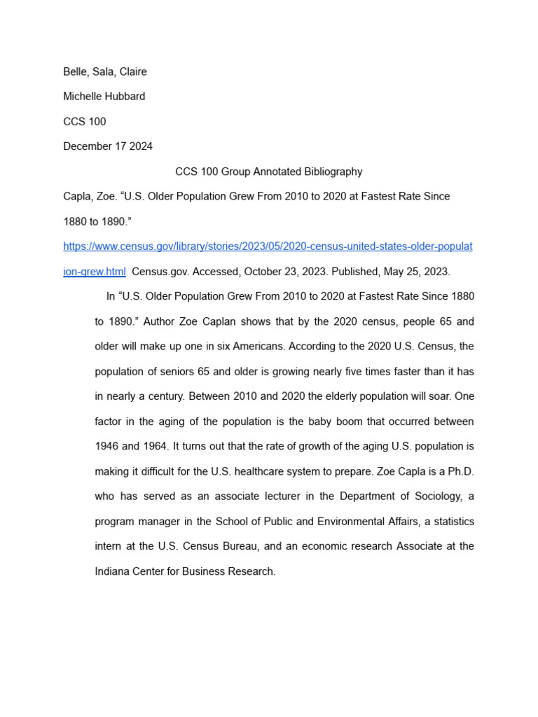 CCS 100 Group Annotated Bibliography | PDF | Ageing | Population