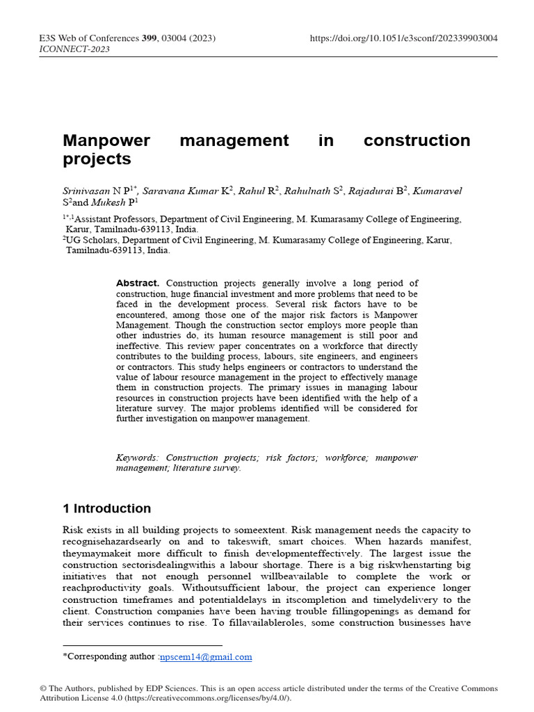 Manpower Management in Construction Projects | PDF | Workforce ...
