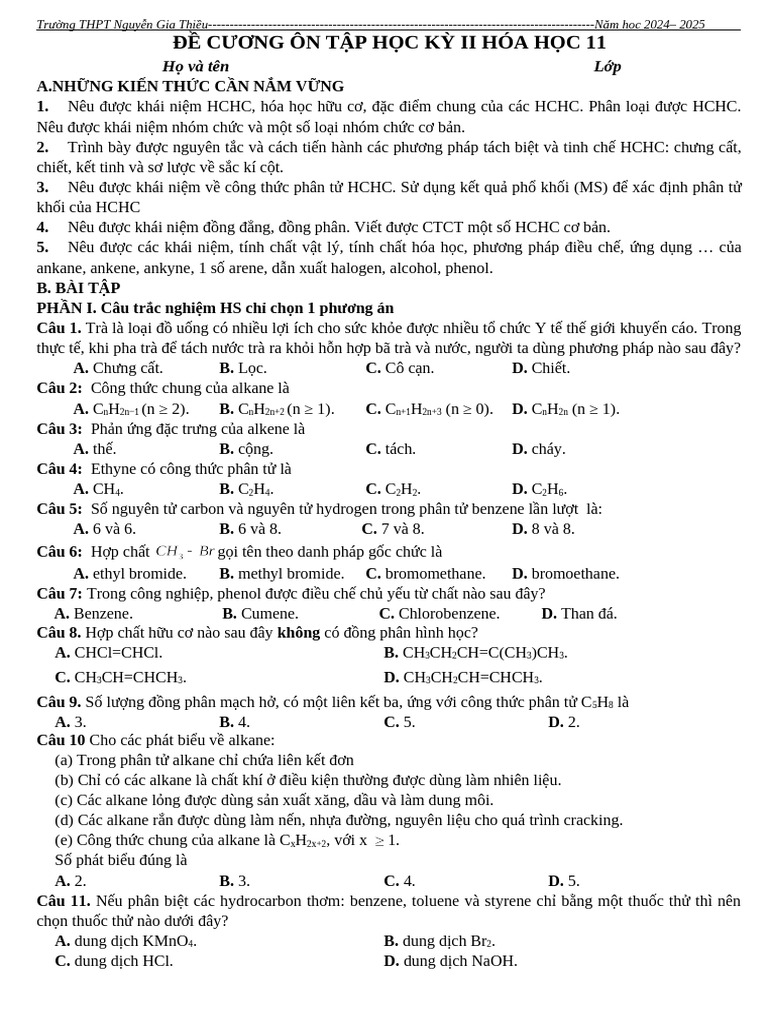ĐỀ CƯƠNG HÓA 11 HKII - 2025. | PDF