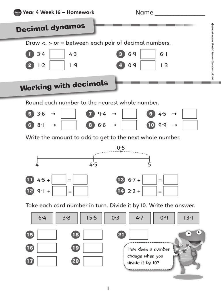Year 4 Decimal Homework Worksheet | PDF