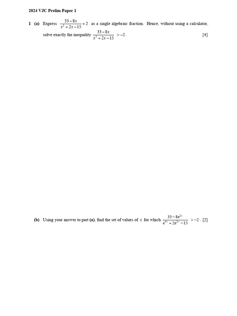 VJC 2024 H2 JC2 Math Prelim P1 Questions - Student | PDF | Mathematics | Algebra