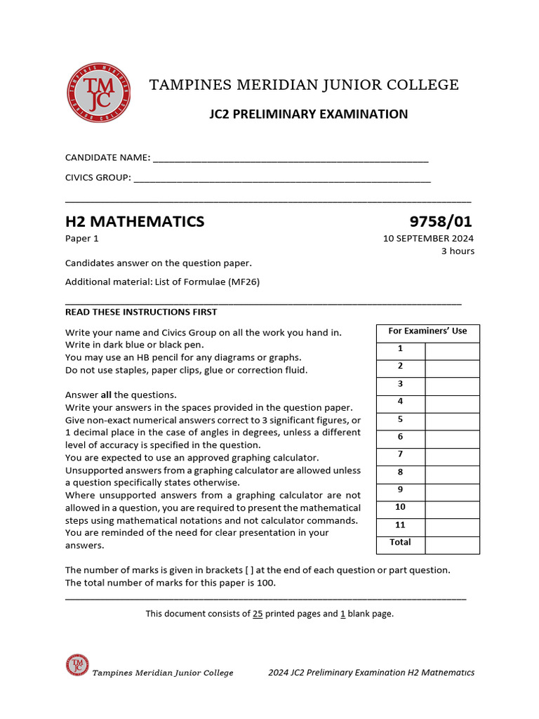 TMJC H2 Mathematics Prelims Paper 2 (Q) | PDF | Sphere | Physics