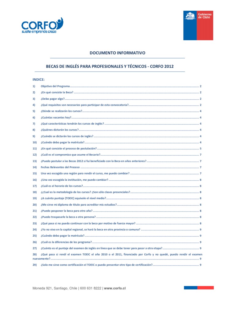 Beca Corfo Ingles 2012 | PDF | Prueba (evaluación) | Santiago