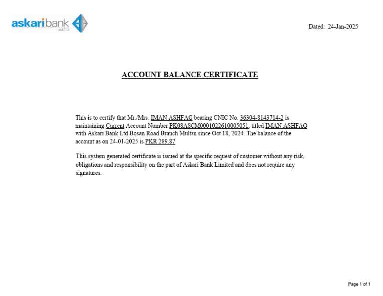 Account Balance Certificate - Iman Ashfaq | PDF