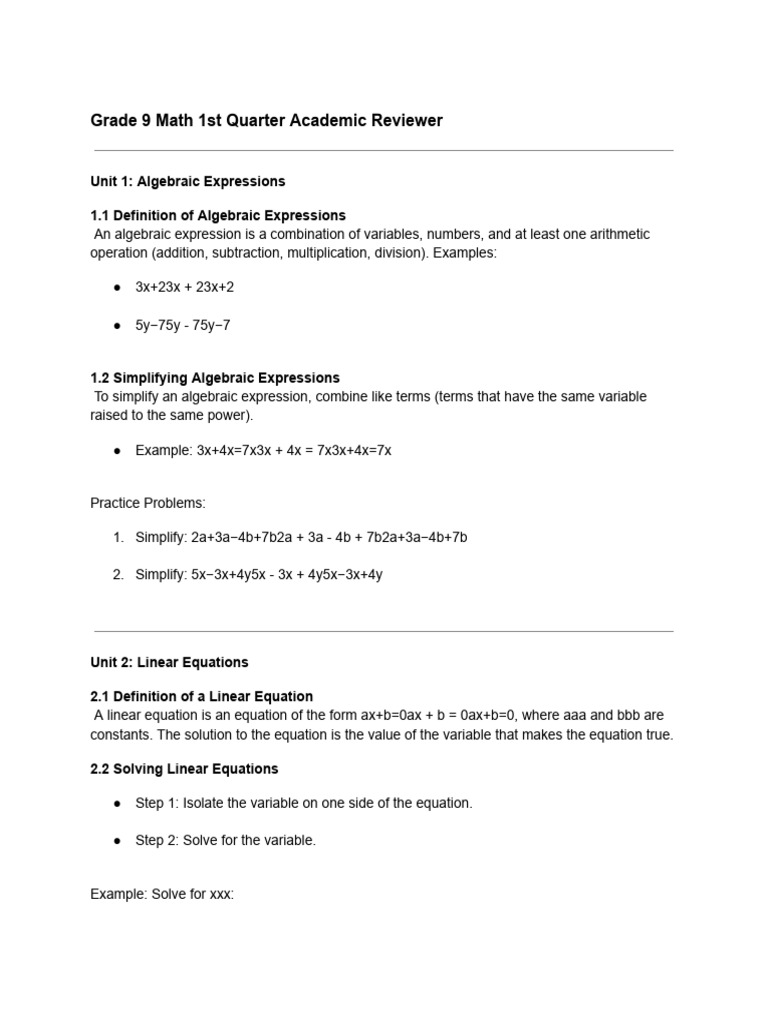 Grade 9 Math 1st Quarter Reviewer | PDF | Rectangle | Area