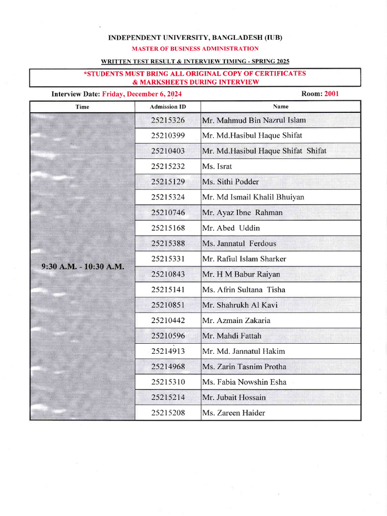 Mba Interviw Timings Iub | PDF | Bangladesh