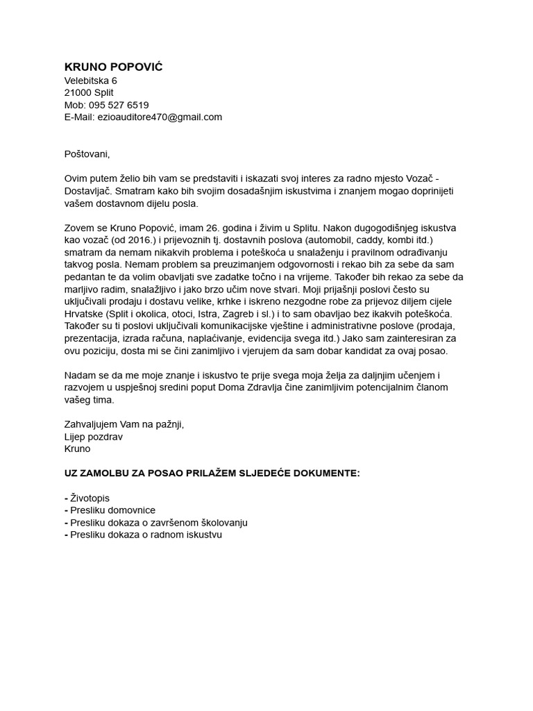 Zamolba Za Posao | PDF