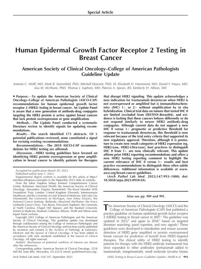 Wolff AC, Et Al. Arch Pathol Lab Med. 2023 | PDF | Immunohistochemistry | Breast Cancer