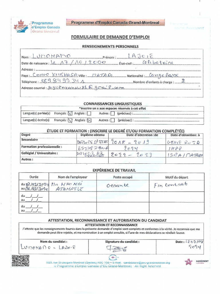 Formulaire d’Emploi Pec Grand Montreal 1 | PDF