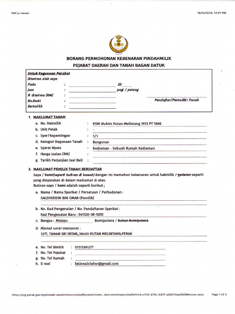 Borang Permohonan Pindah Milik | PDF
