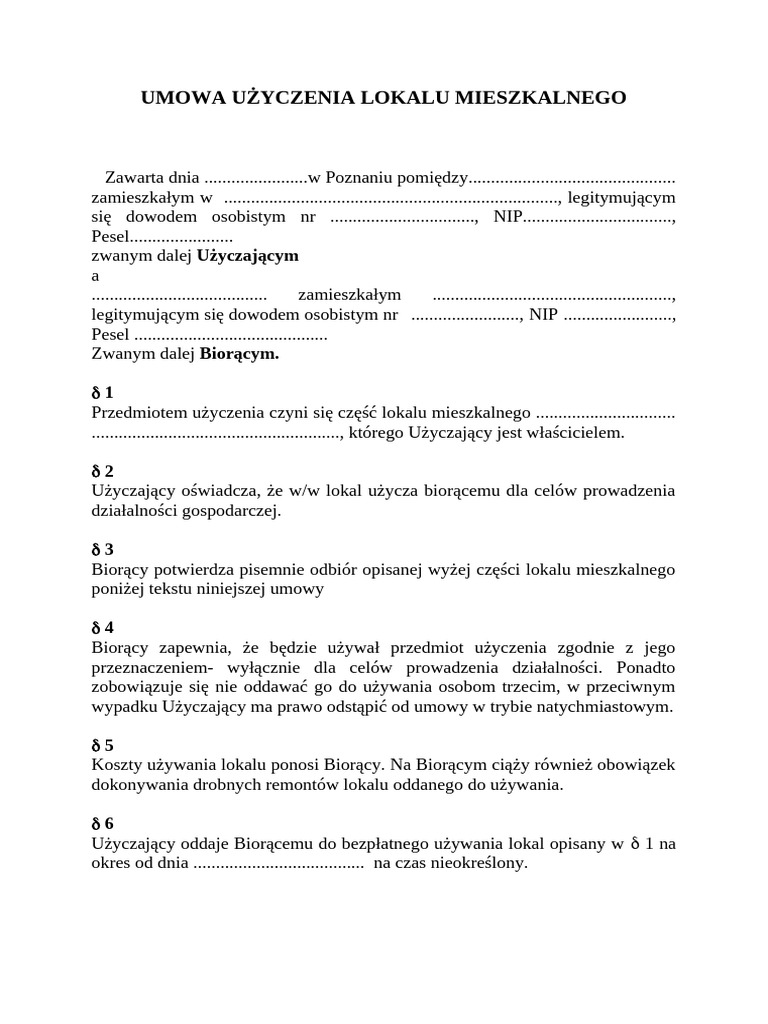 Umowa Uzyczenia Lokalu | PDF