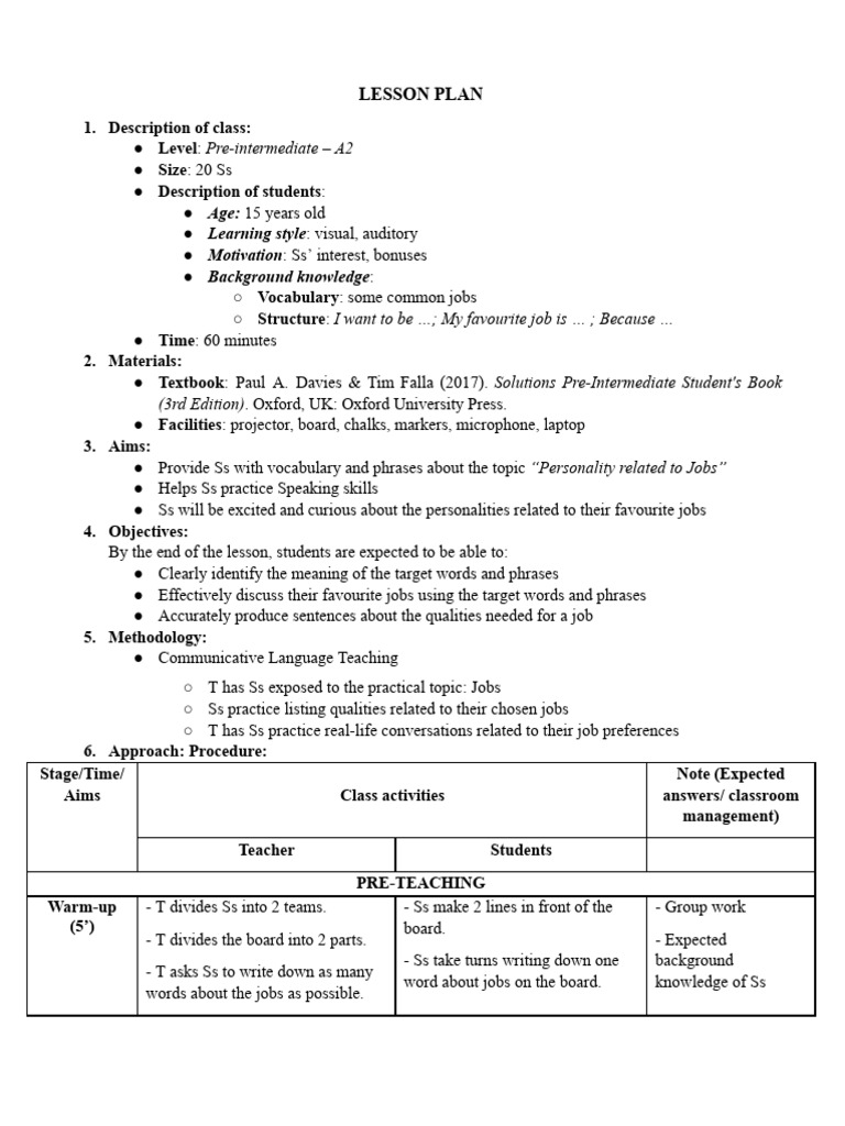 (Teaching Practice 1) - Group 3 - Lesson Plan | PDF | Lesson Plan ...