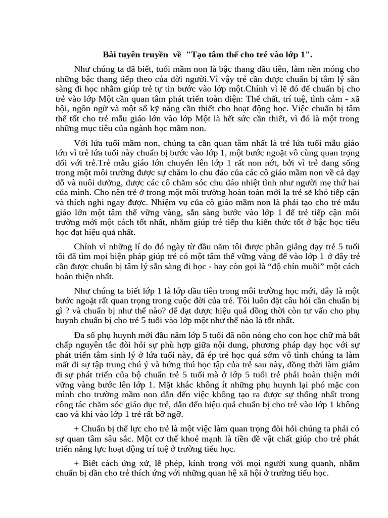 Bài Tuyên Truy-N Chu-N B - Tâm TH - Cho TR - Vào L-P 1 | PDF