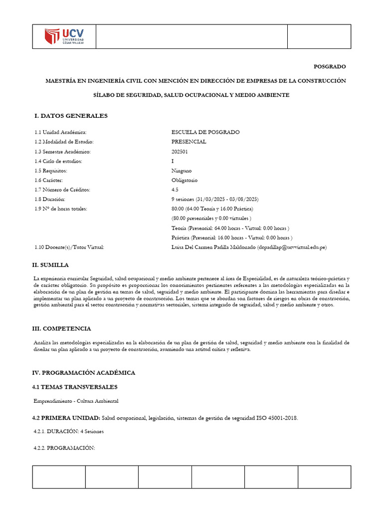 SILABO (1) | PDF | Higiene Ocupacional | Seguridad y salud ocupacional