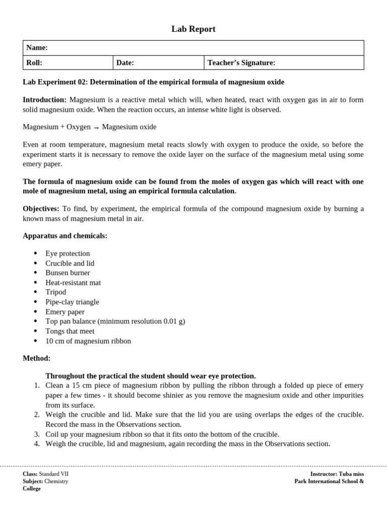 Empirical Formula of Magnesium Oxide Lab | PDF | Magnesium | Oxide