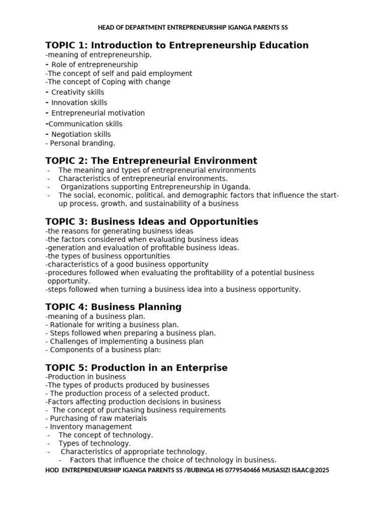 Ent CBC Topic Breakdown 2025 | PDF | Entrepreneurship | Taxes