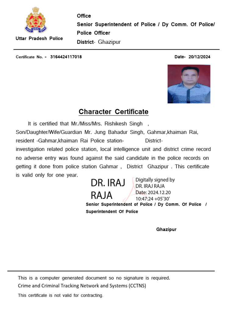 Uttar Pradesh Police Character Certificate | PDF