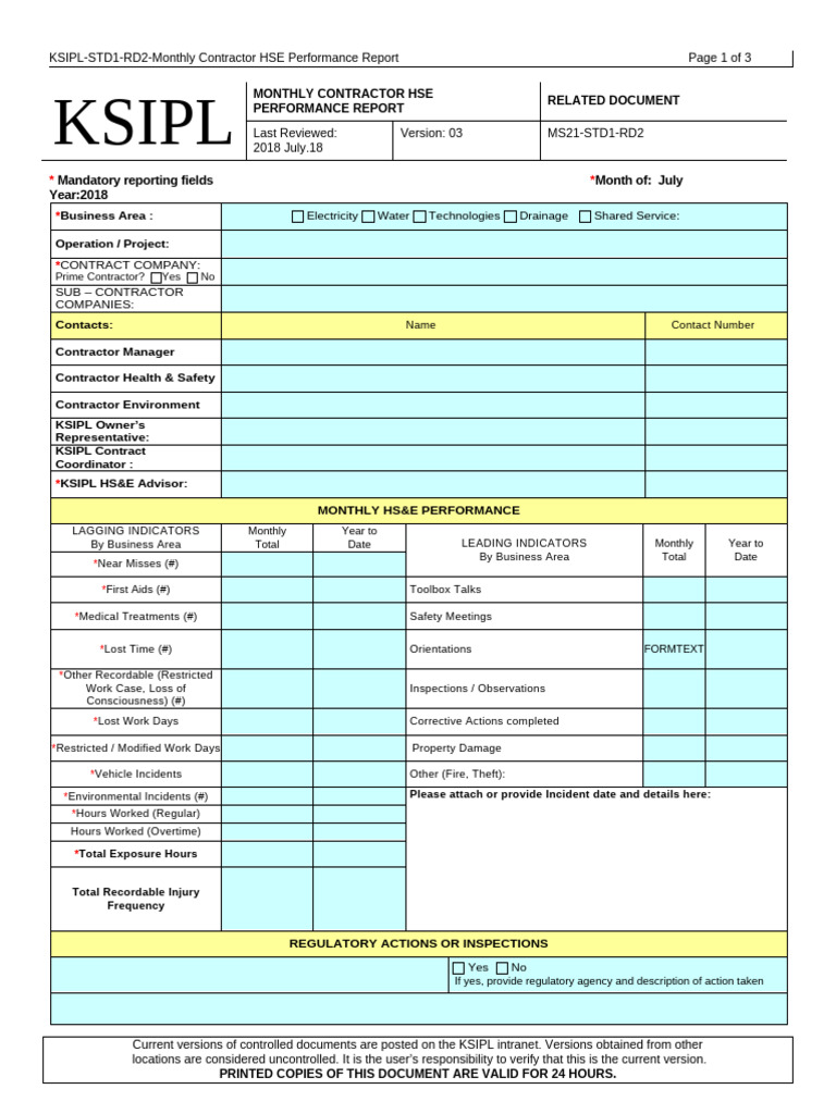 Monthly Contractor HSE Performance Report | PDF | Wound | Health ...
