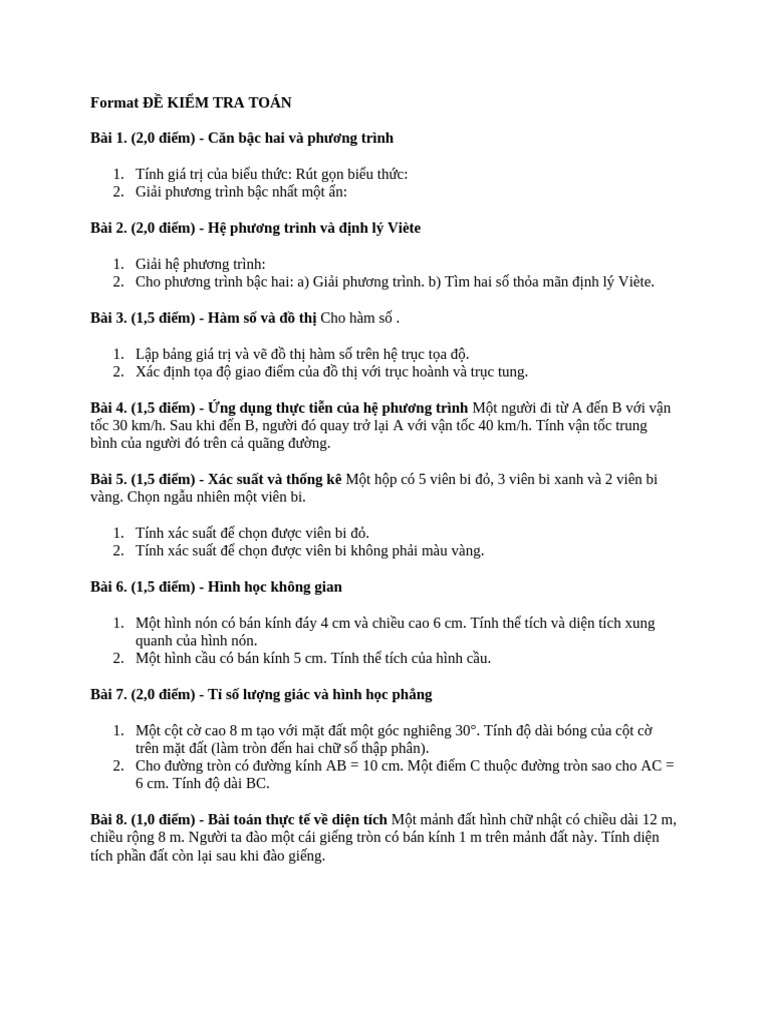Format ĐỀ KIỂM TRA TOÁN | PDF