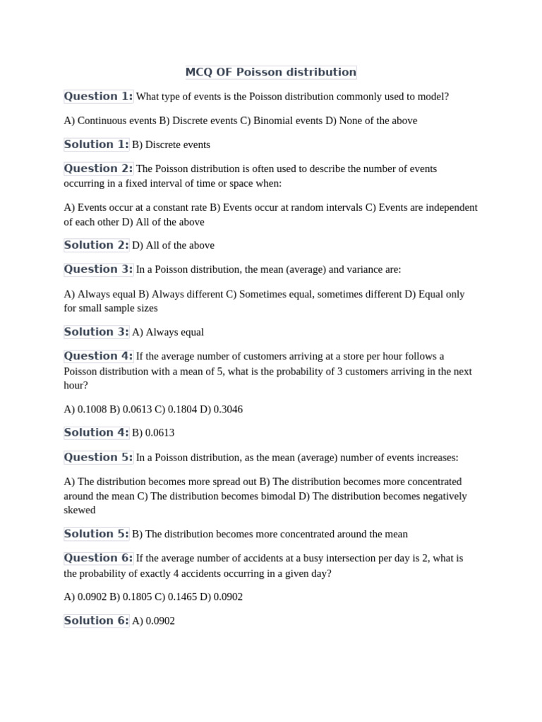 MCQ of Poisson Distribution | PDF