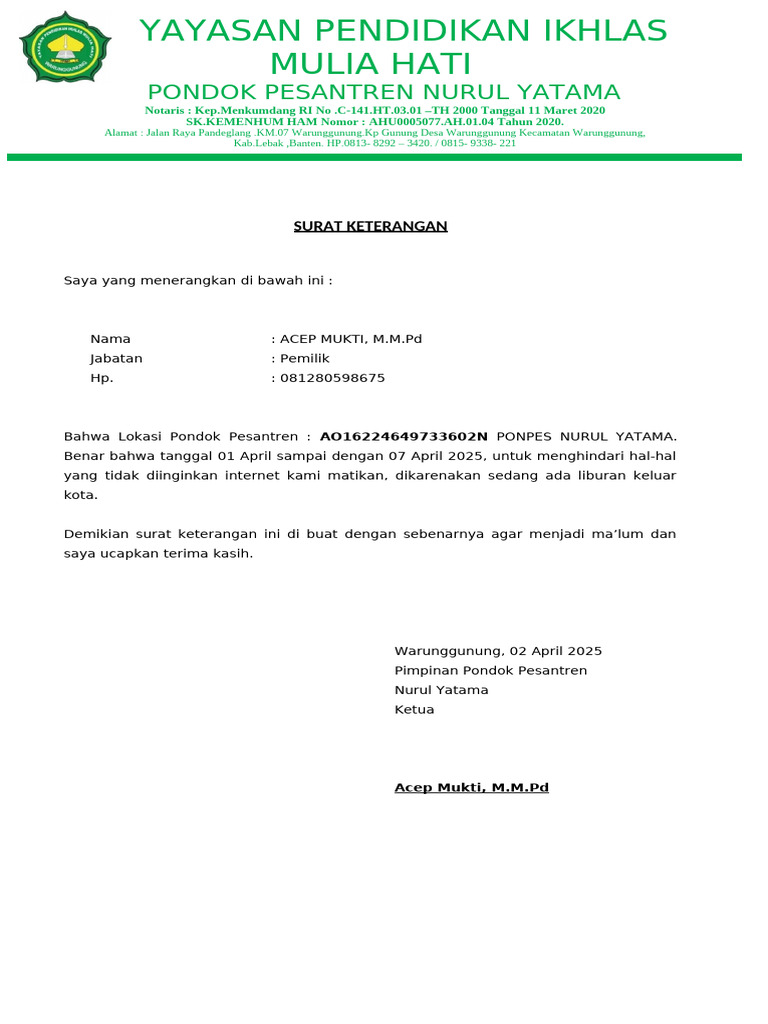 Surat Keterangan Ponpes | PDF