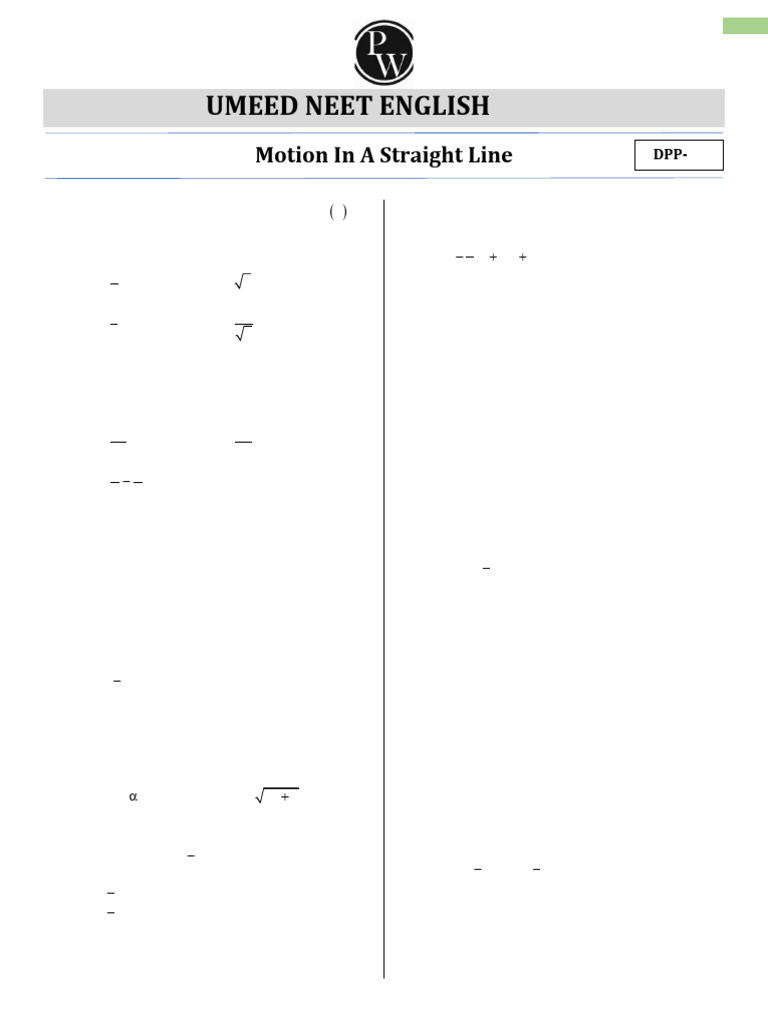 Motion in A Straight Line DPP - Umeed NEET English | PDF | Velocity | Acceleration
