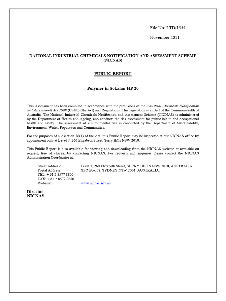 Sokalan HP20 Public Report PDF | PDF | Toxicity | Physical Sciences