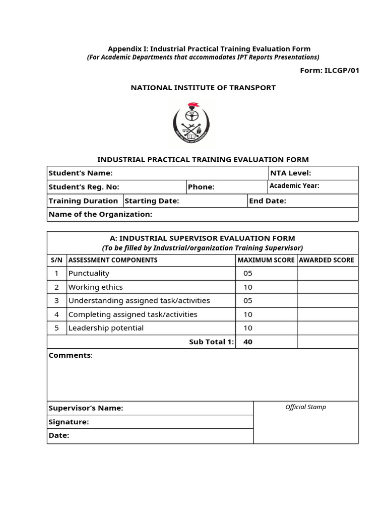 Industrial Practical Training Evaluation Form | PDF | Business