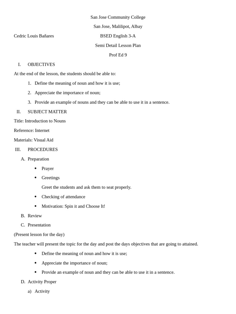 Prof Ed 9 Day 1 Lesson Plan (NOUN) | PDF | Noun | Lesson Plan