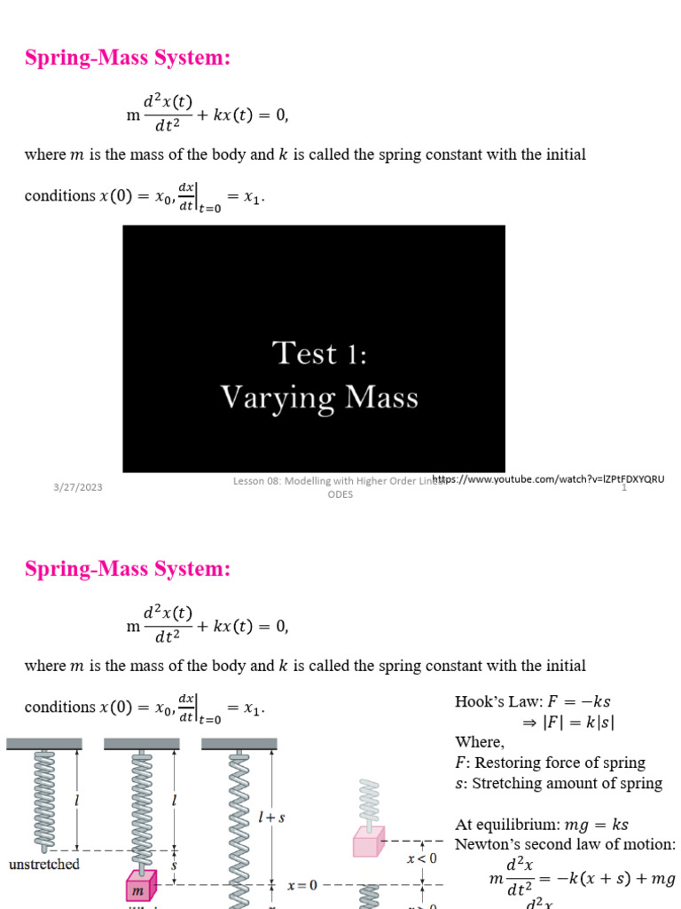 Lecture 11-12 - Modelling of Higher Order ODE - Spring-Mass System | PDF | Damping | Ordinary ...