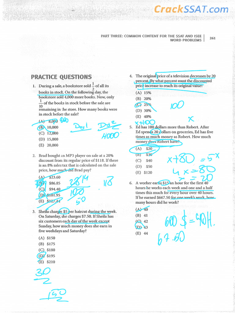 SSAT Math Word Problems Practice Test | PDF