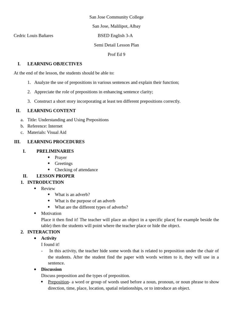 Prof Ed 9 Day 5 Lesson Plan (Preposition) | PDF | Adverb | Semantic Units