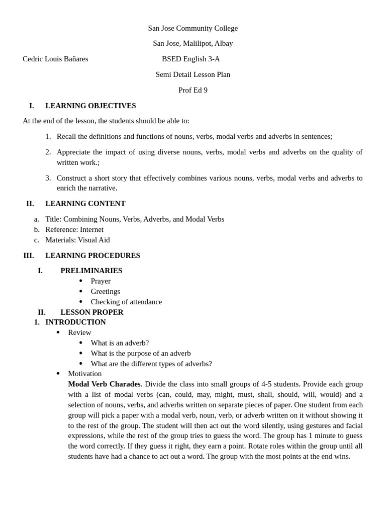 Prof Ed 9 Day 5 Lesson Plan (Recap) | PDF | Verb | Adverb