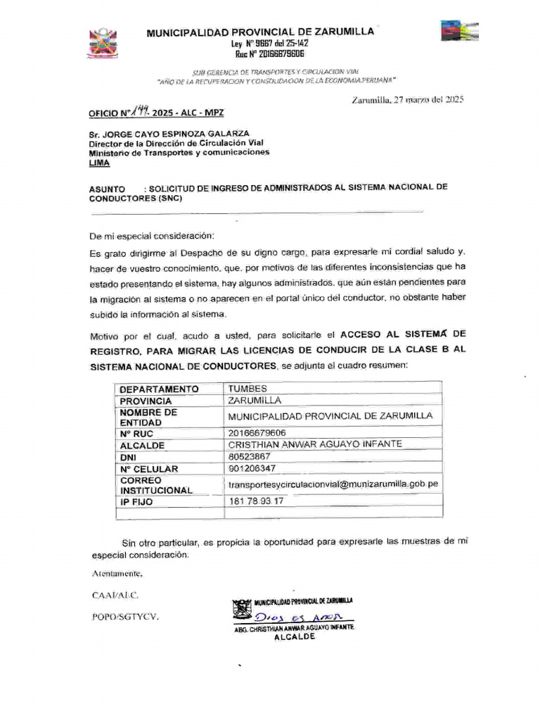 OFICIO N° 144-2025-ALC-MPZ | PDF