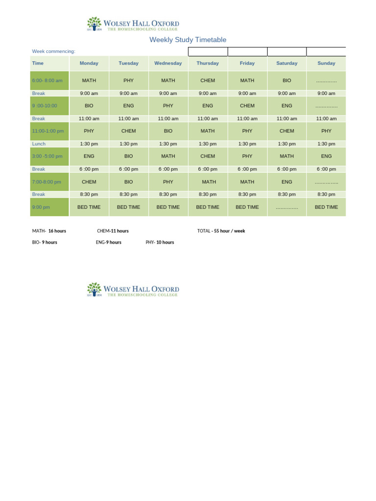 Weekly Study Timetable Secondary template (1) | PDF