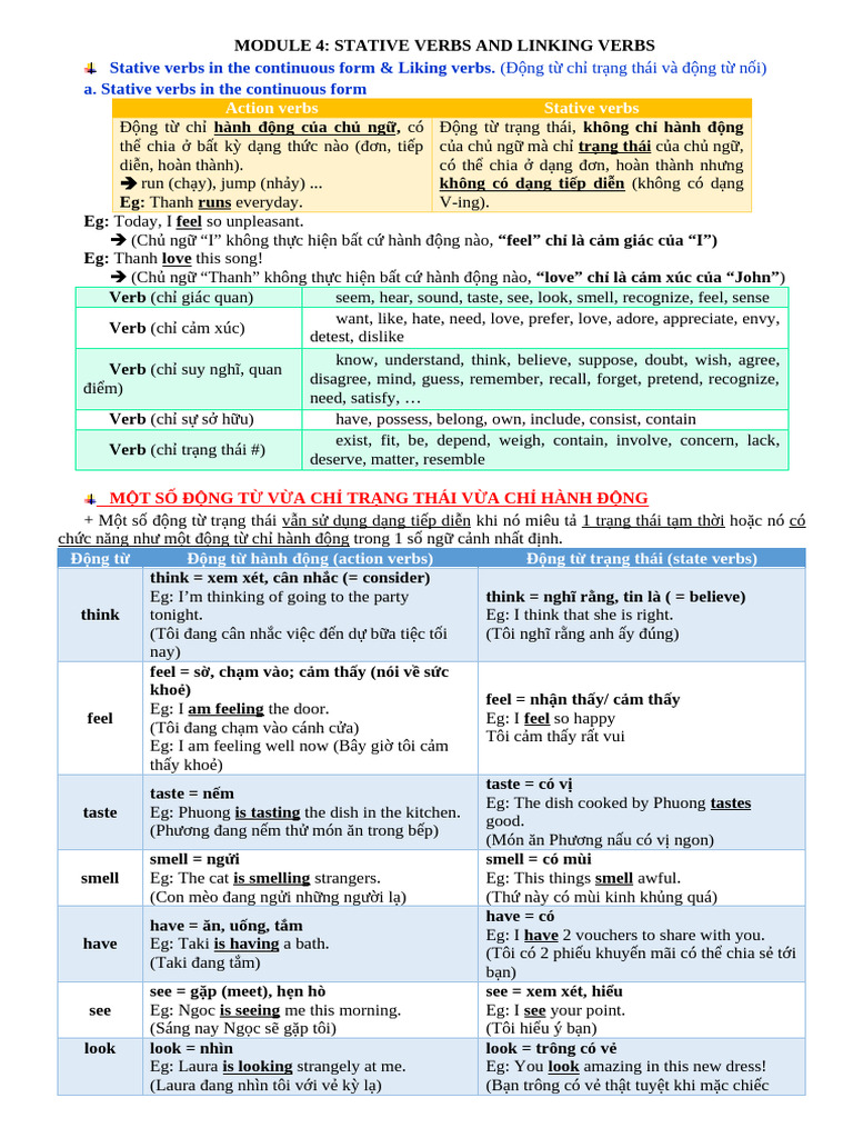 Module 4 Stative Verbs and Linking Verbs Lí Thuyết | PDF