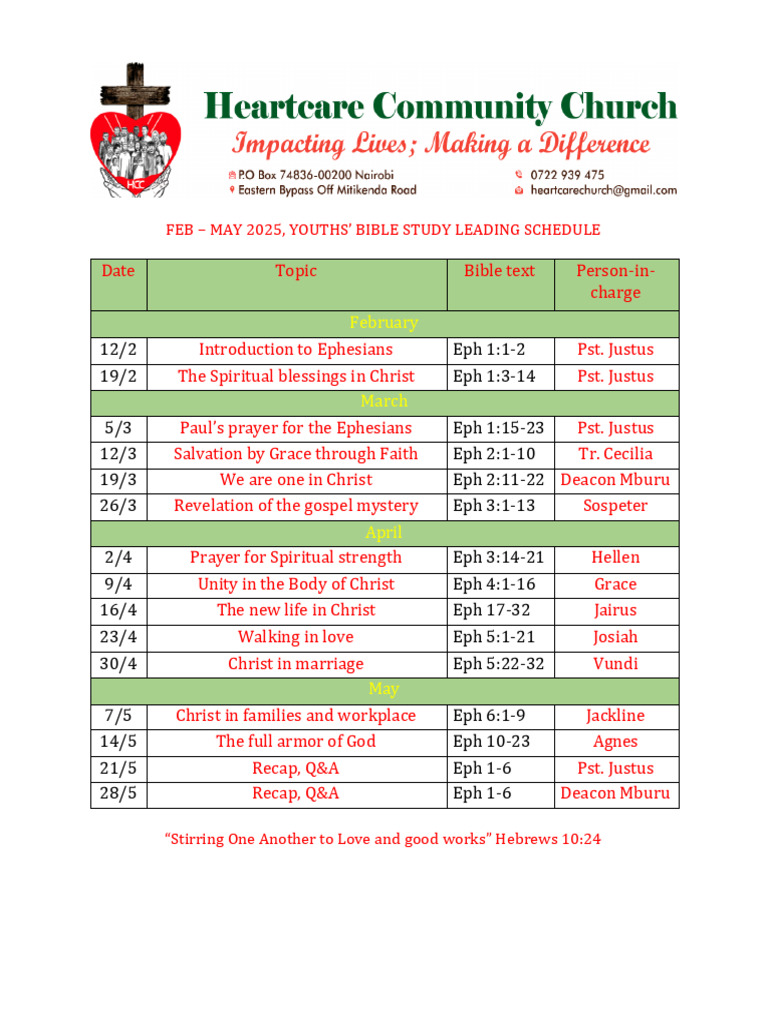 HCC Feb-May Youths' Bible Study Leading Schedule | PDF