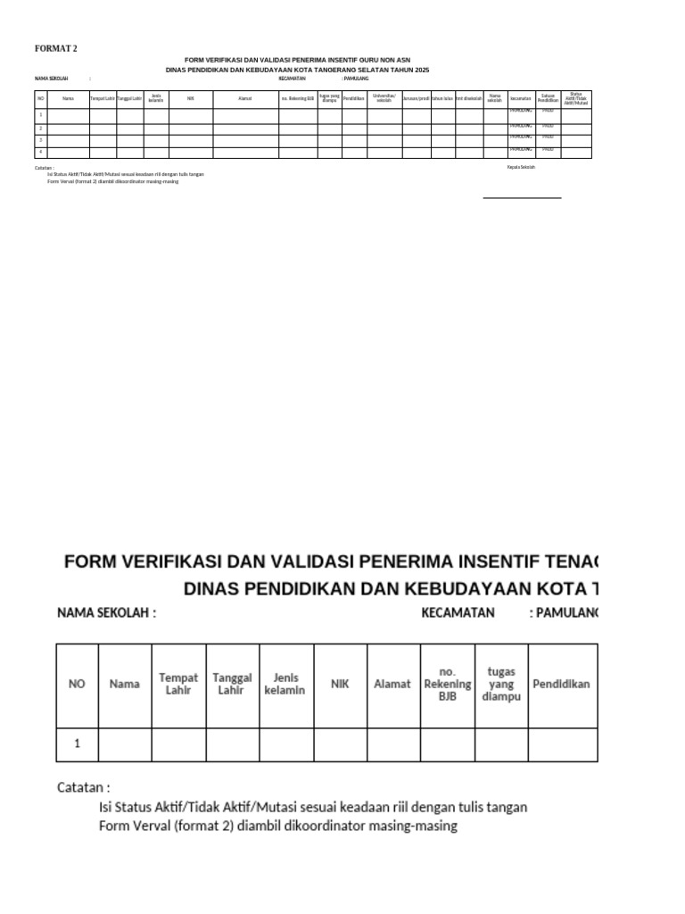 FORMAT excell insentif Pengajuan PTK 2025 | PDF