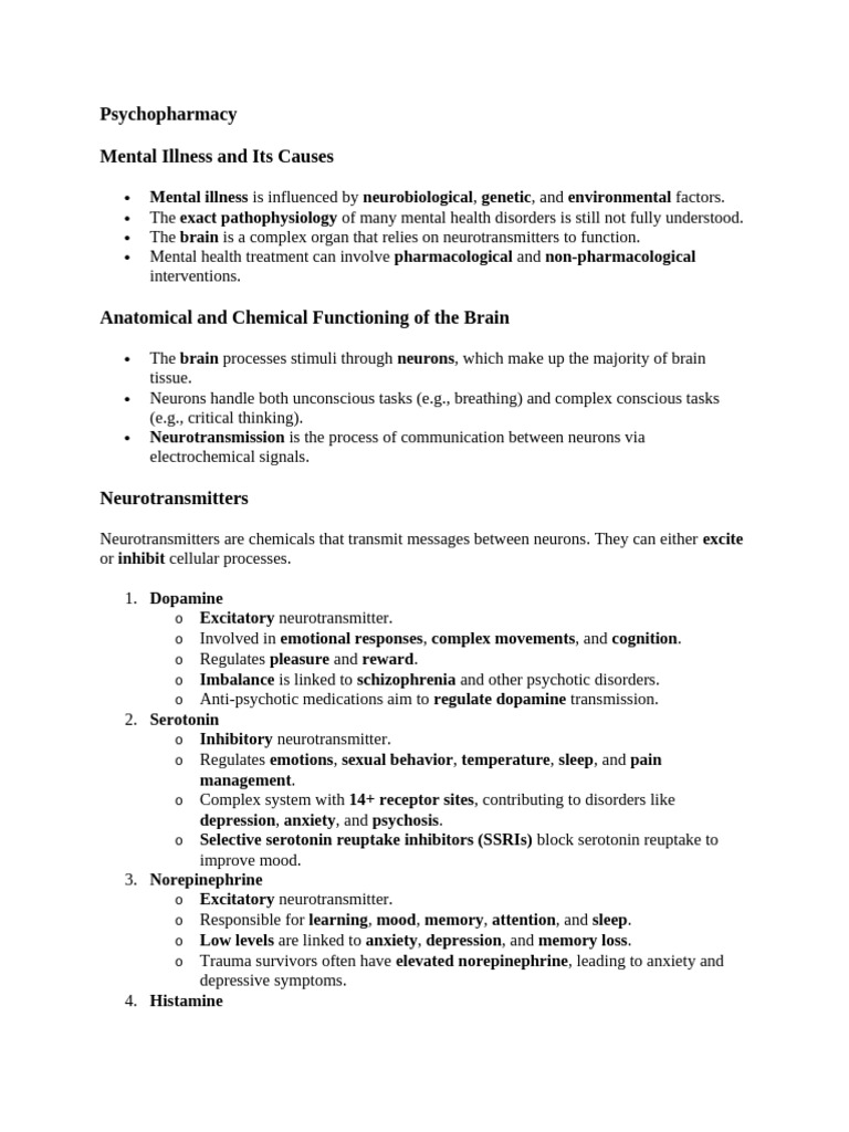 Psychopharmacy Notes | PDF | Antidepressant | Neurotransmitter