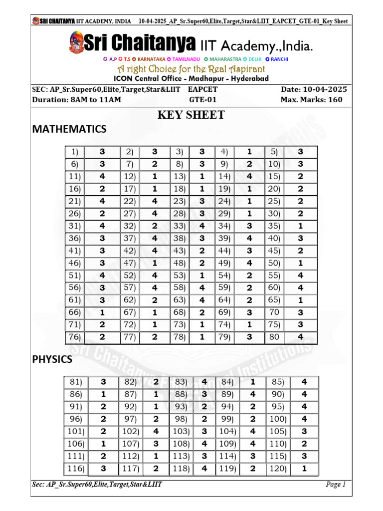 10-04-2025 - AP - SR - Super60, Elite, Target, Star&LIIT - EAPCET - GTE-01 - Key Sheet | PDF