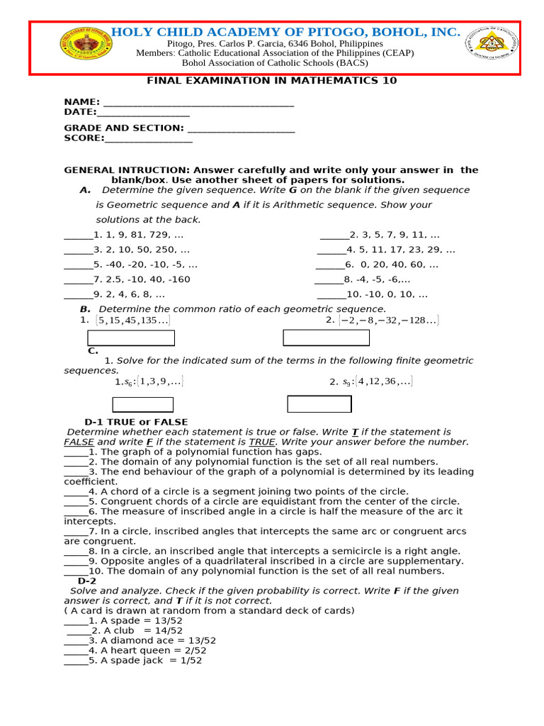 Final Examination in Mathematics 10 | PDF | Circle | Quartile